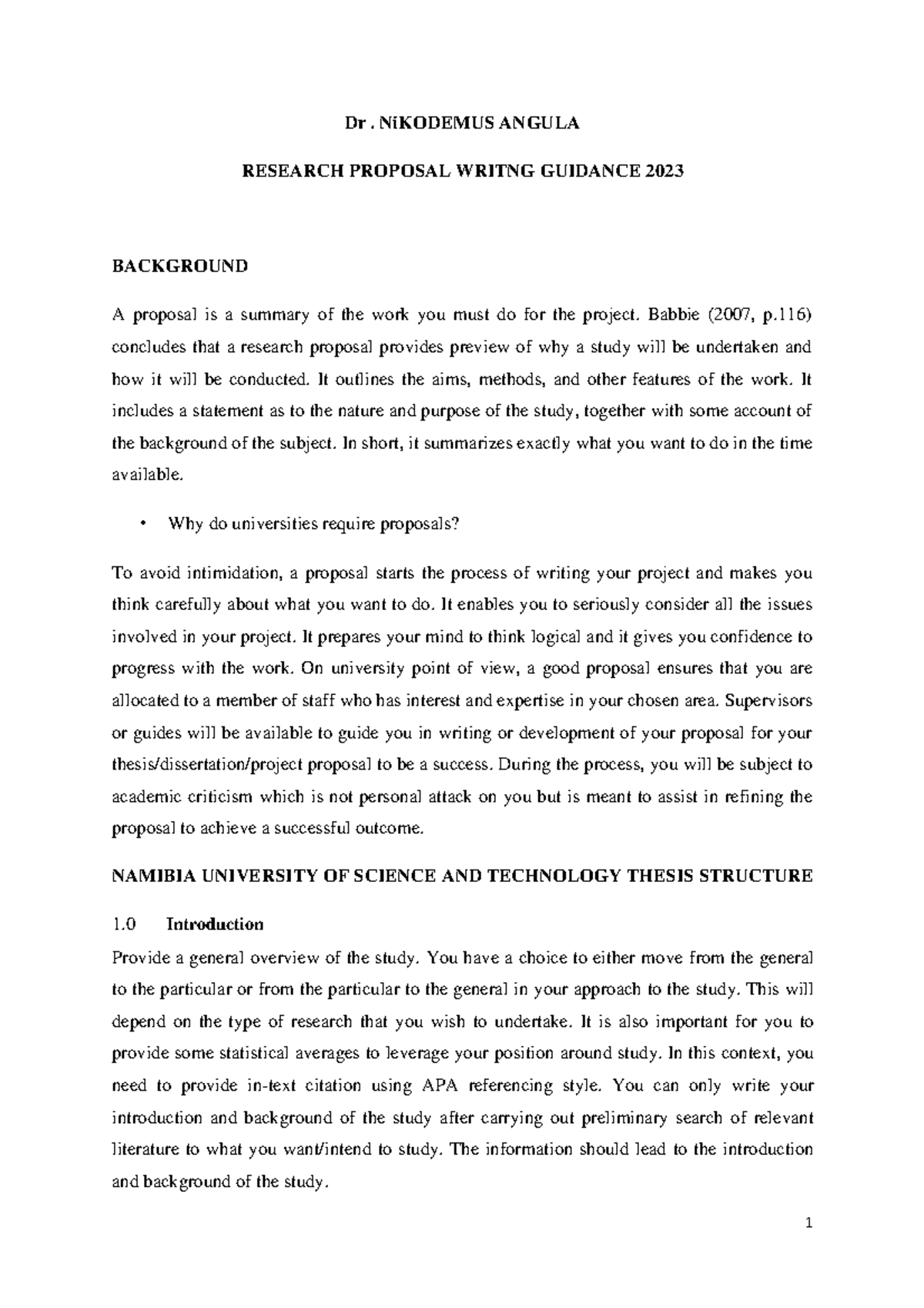 Research Project Proposal Guide lines 2023 - Dr. NiKODEMUS ANGULA RESEARCH PROPOSAL WRITNG ...