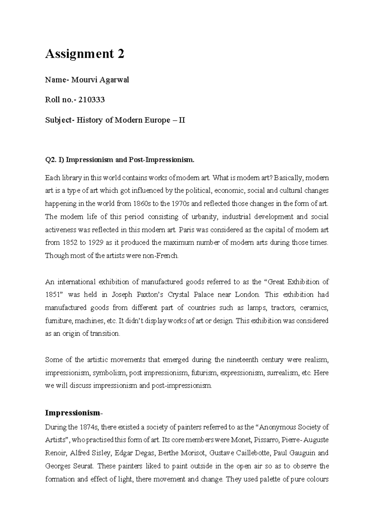 Assignment 2 impressionism and post impressionism - Assignment 2 Name ...