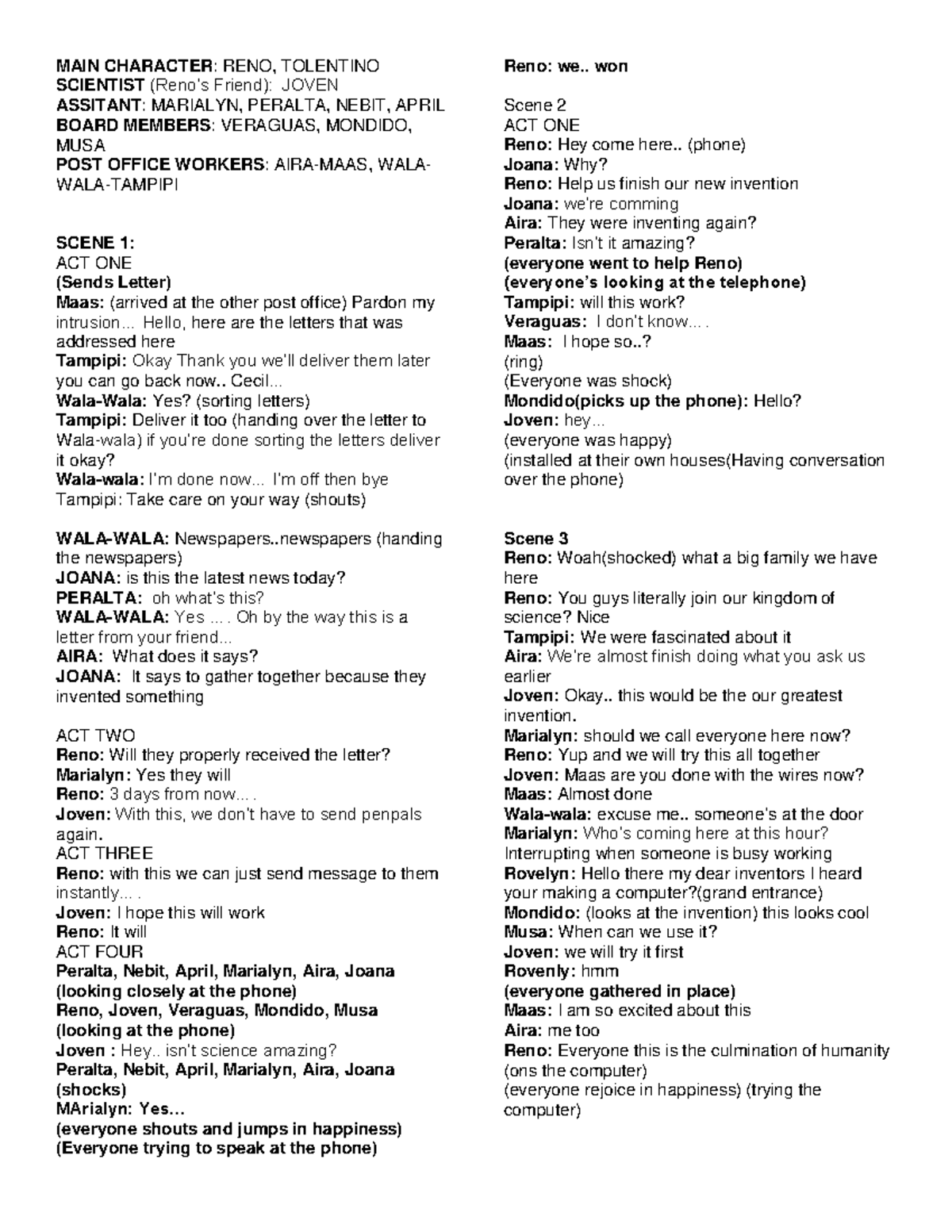 STS Script - A 2nd year college - MAIN CHARACTER : RENO, TOLENTINO ...