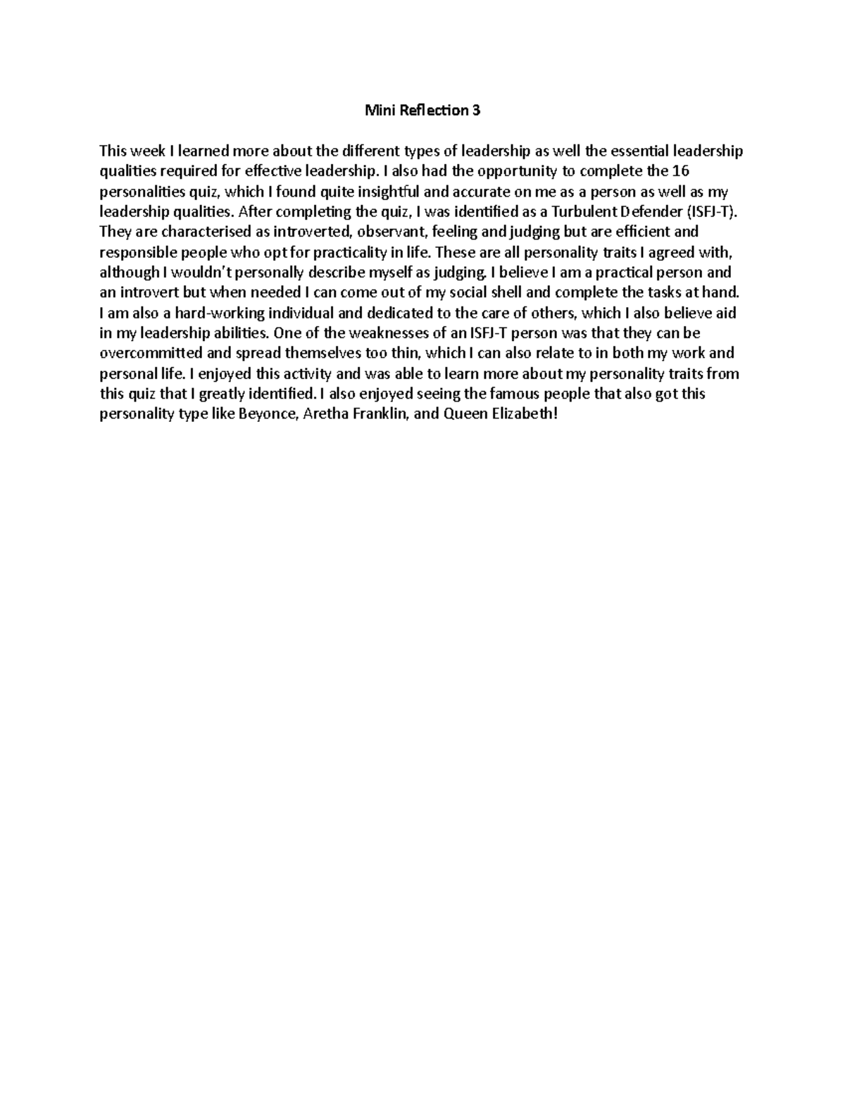 Mini Reflection 3 - weekly assignment - Mini Reflection 3 This week I learned more about the ...