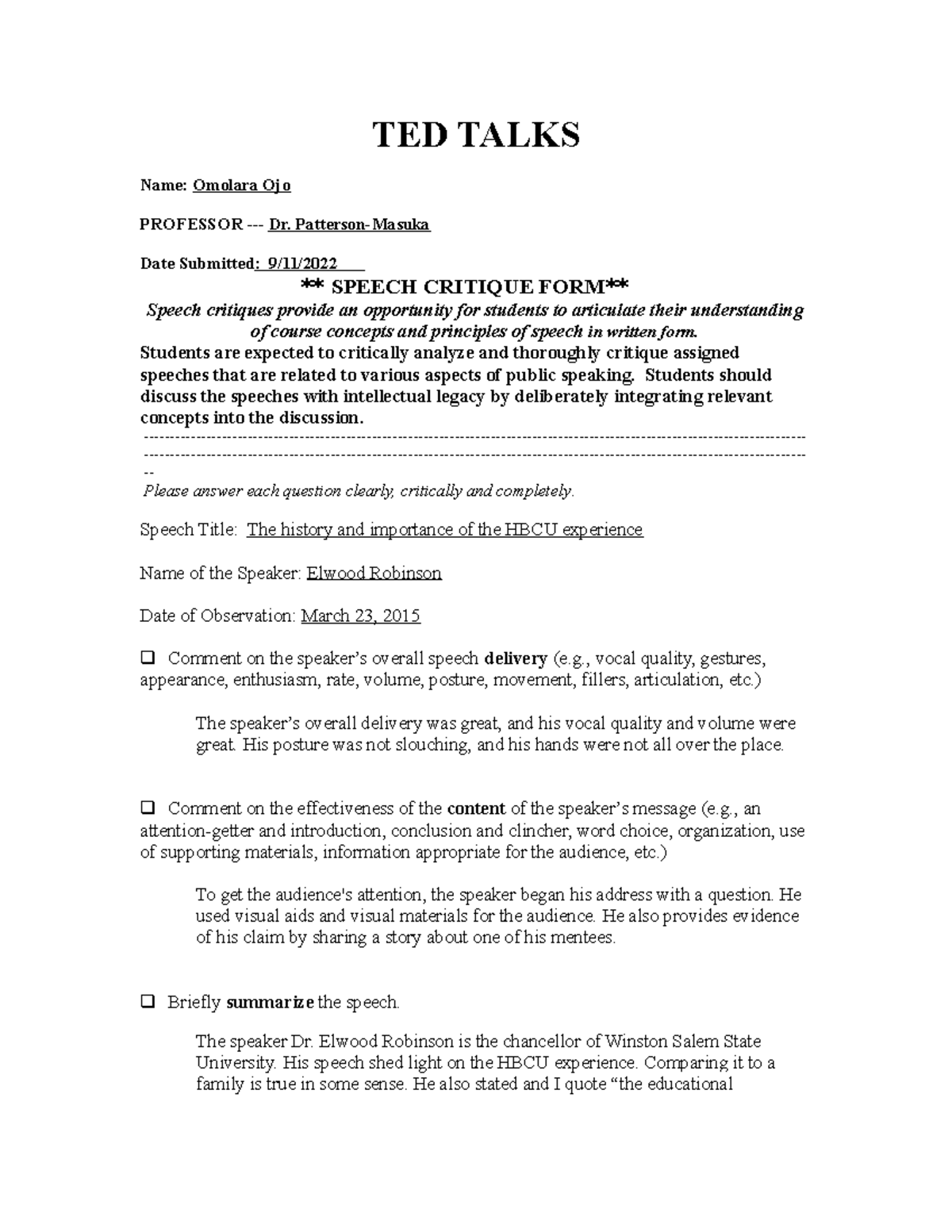 Ted talk 2- The History and Importance of Hbcus - Omolara Ojo^ - TED TALKS Name: Omolara Ojo ...