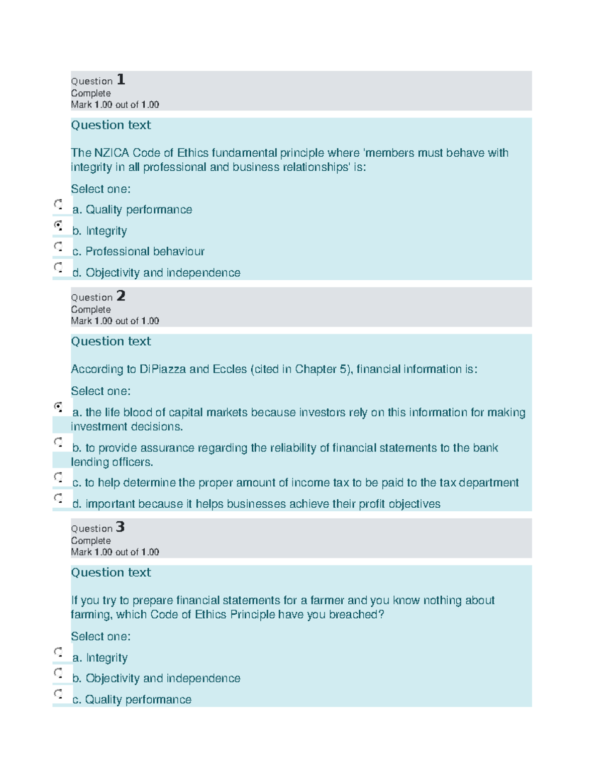 Quiz 5 - Ethical Issues in Accounting - Question 1 Complete Mark 1 out ...