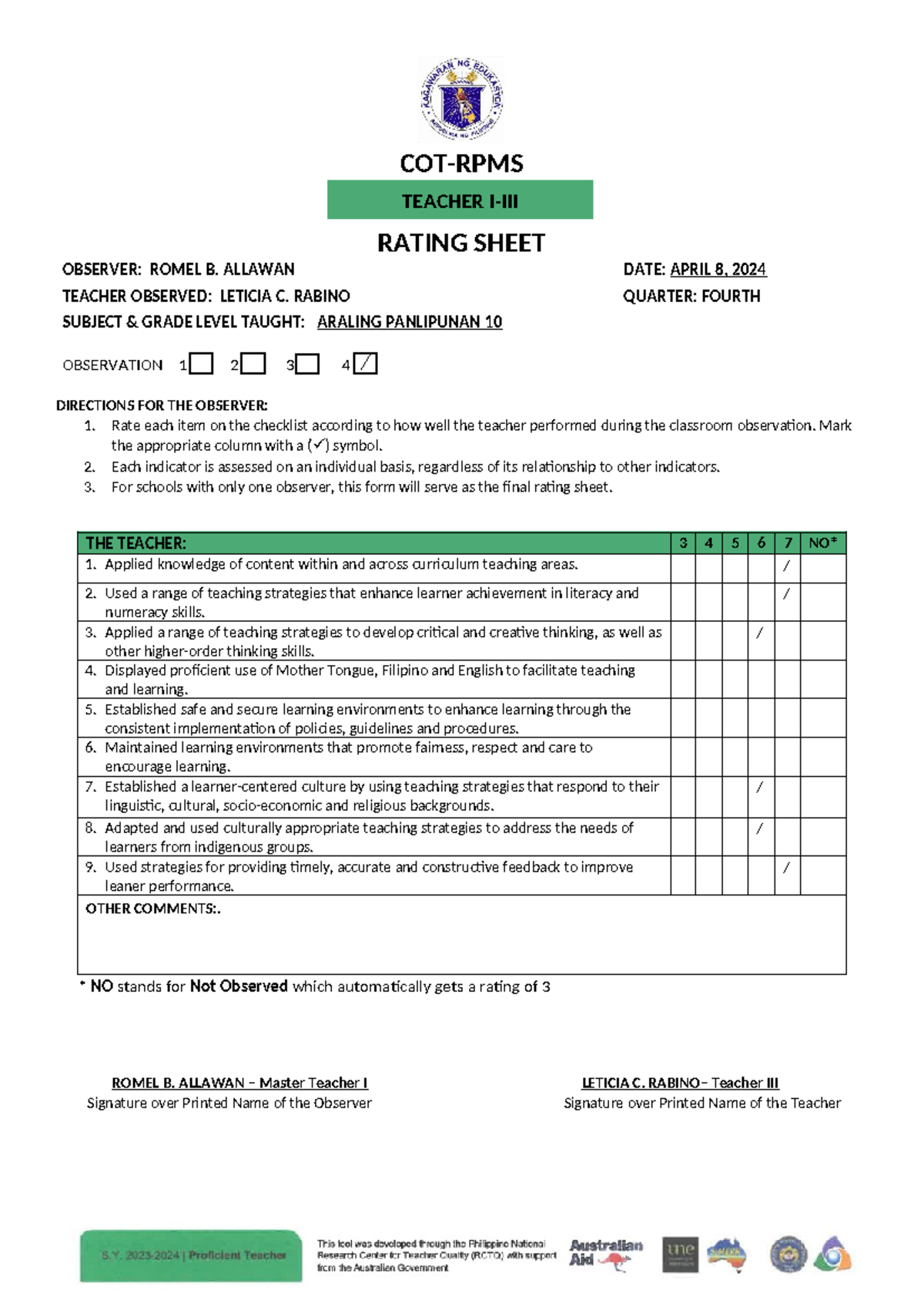 COT 2024 2025 - rating - COT-RPMS RATING SHEET OBSERVER: ROMEL B ...