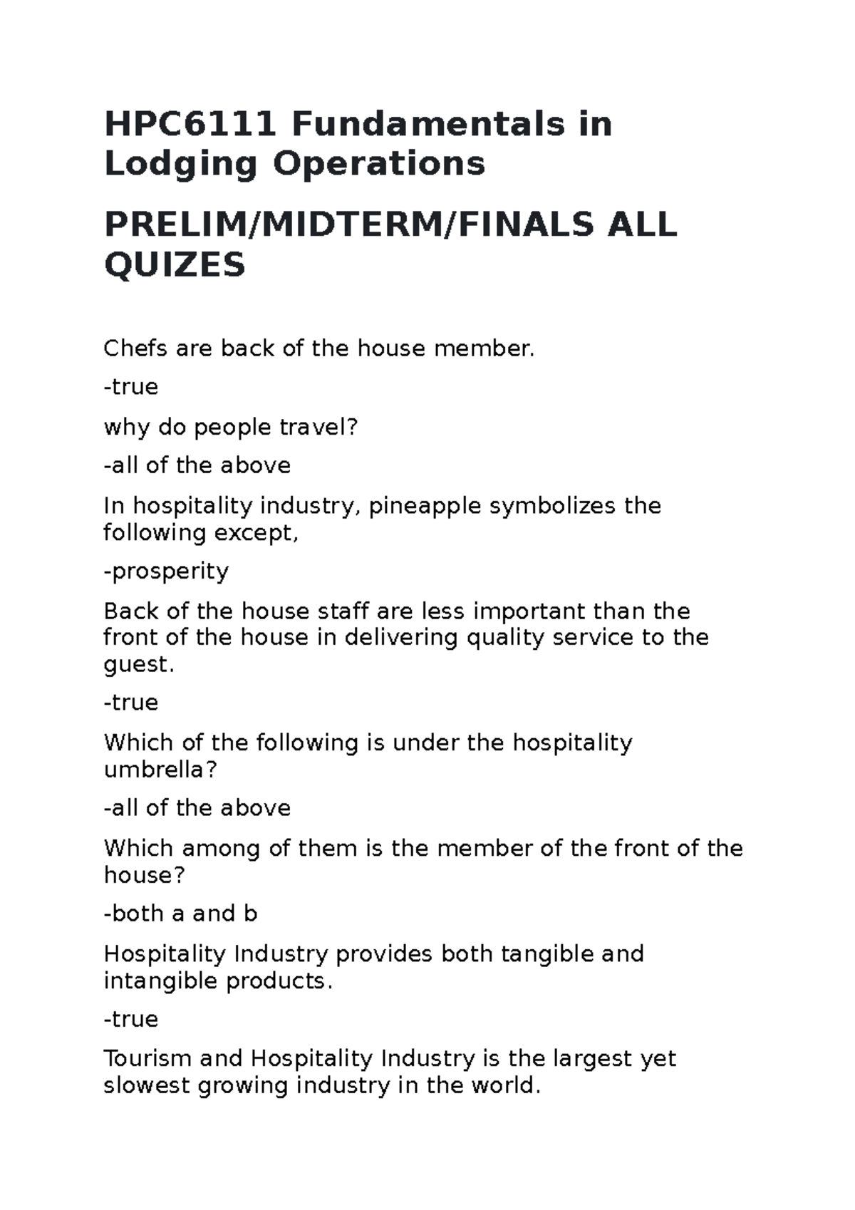 HPC6111 Fundamentals in Lodging Operations ALL Quizes - HPC6111 Fundamentals in Lodging ...