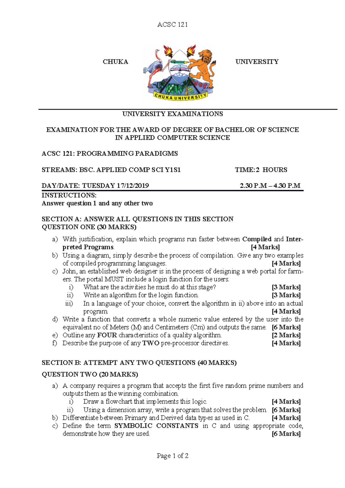 ACSC 121 Exam - practice question in the introductory units of applied ...