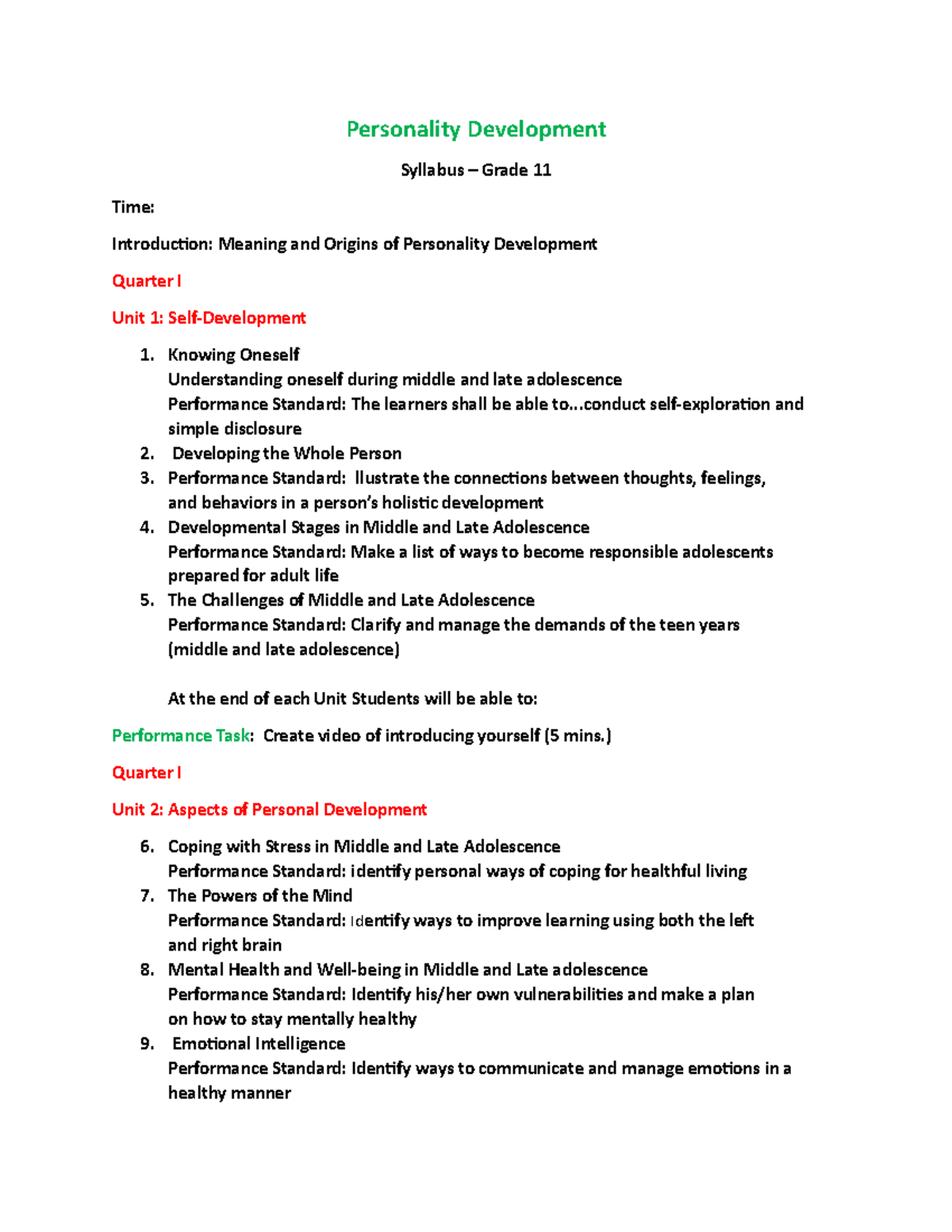 Personality Development Syllables for the school year 2022 ...