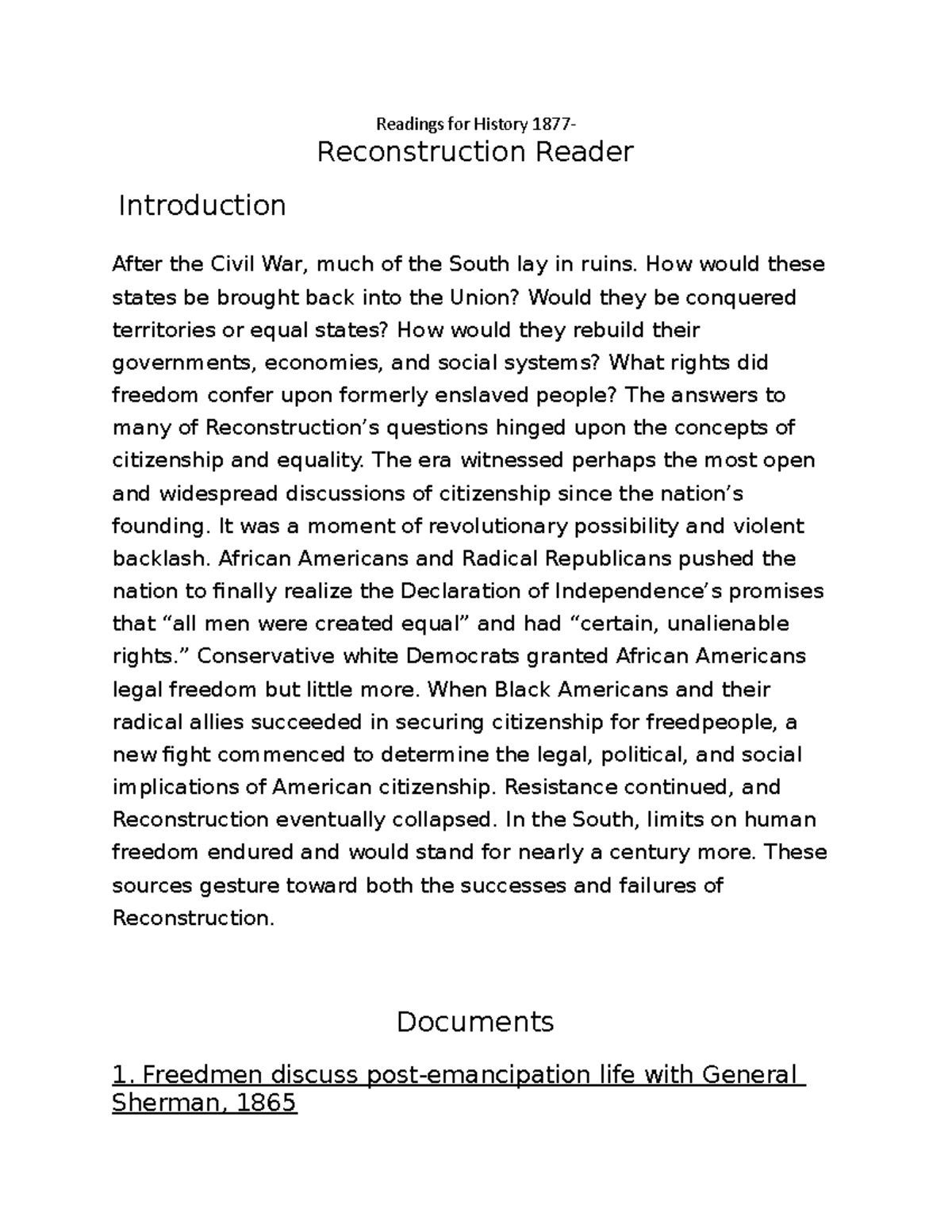 Readings for History 1877 - Readings for History 1877- Reconstruction ...