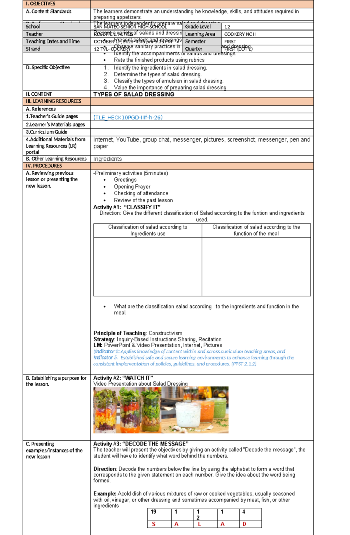 2023 DLL COT1 - Types- Salad- Dressing - I. OBJECTIVES A. Content ...
