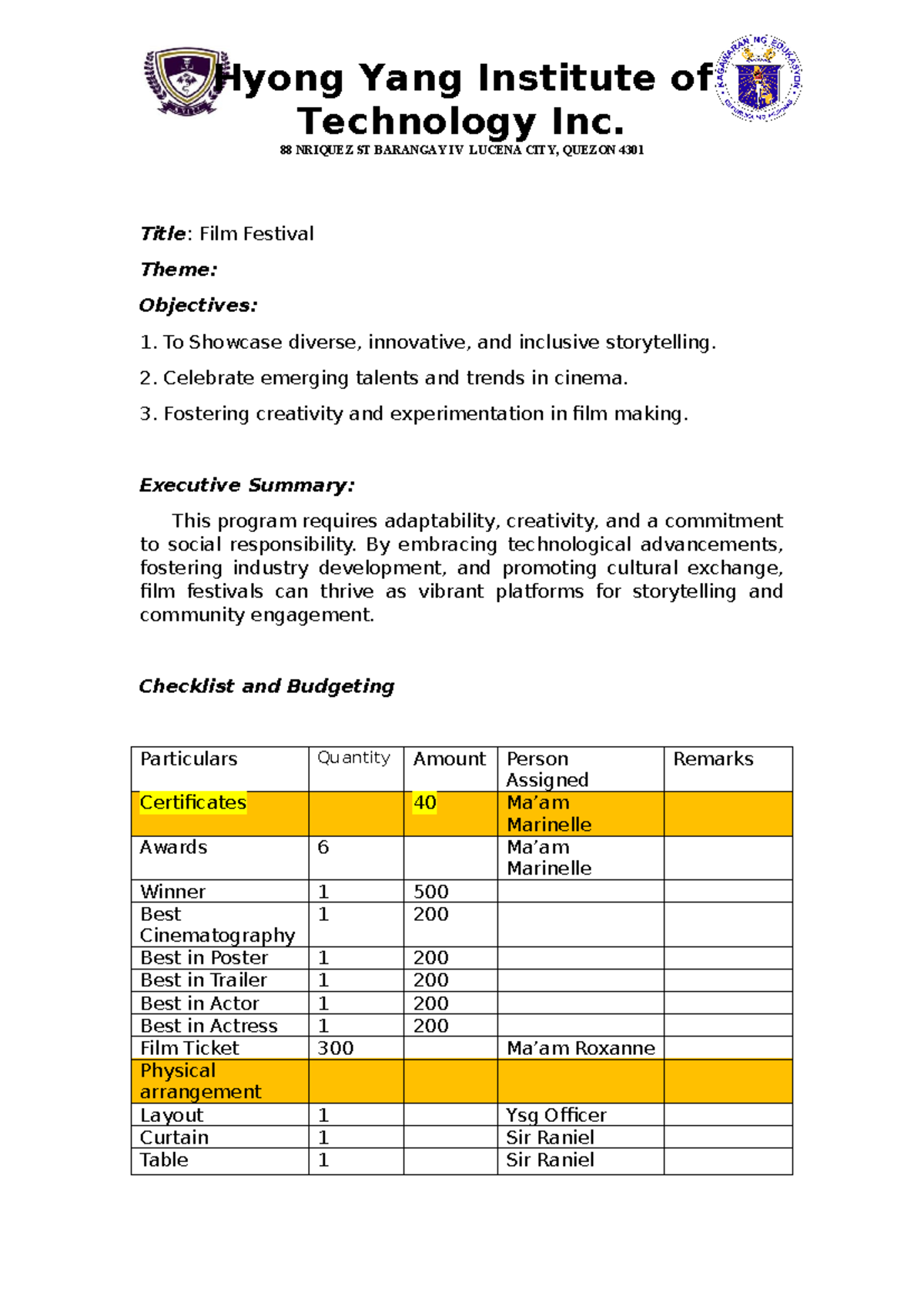 Film-fest-proposal - sample - Hyong Yang Institute of Technology Inc ...