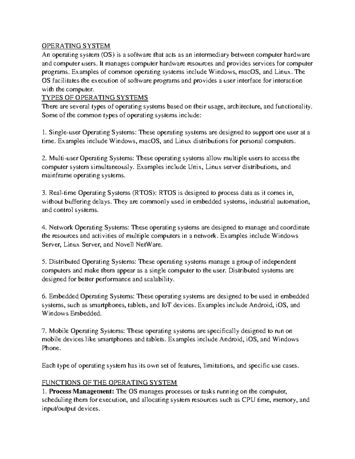 Ics notes - OPERATING SYSTEM An operating system (OS) is a software ...