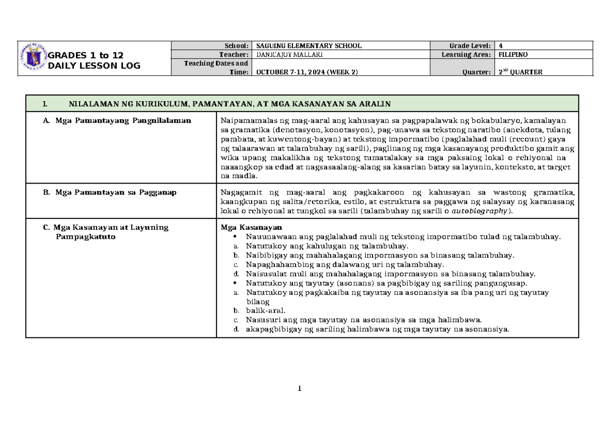 Filipino 4 Q2 WEEK 2 - Detailed Lesson Plan - GRADES 1 to 12 DAILY ...