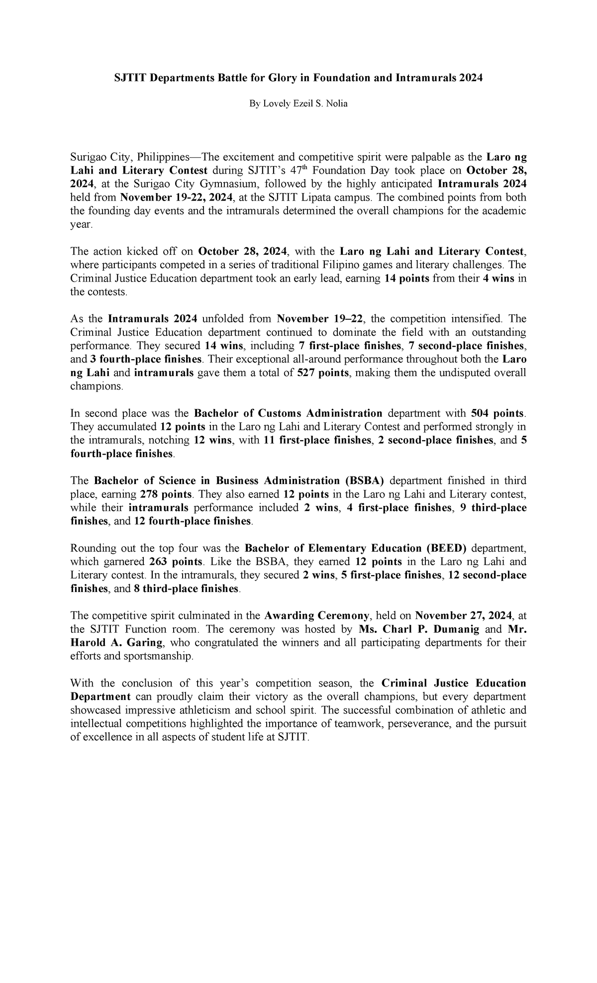 News Sports by Nolia - Yes - SJTIT Departments Battle for Glory in ...