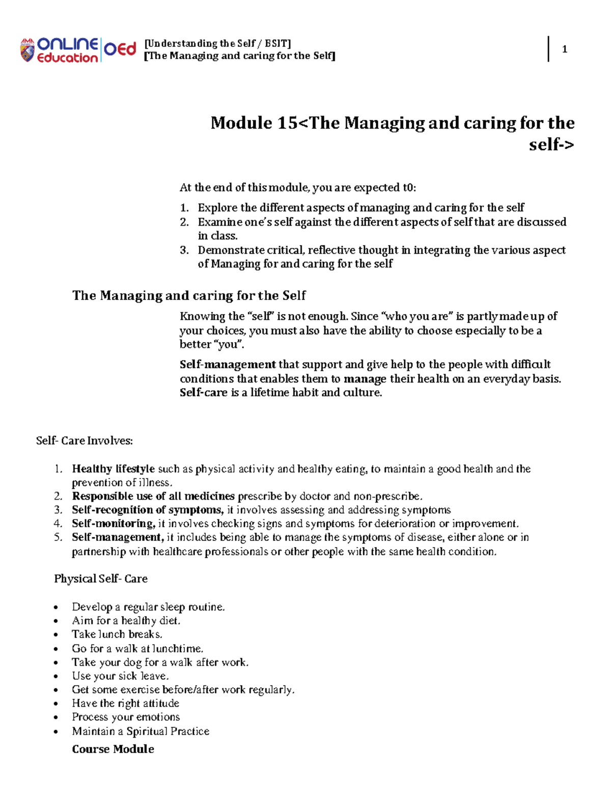 12W13-Module 1 The Managing and caring for the self - [Understanding ...