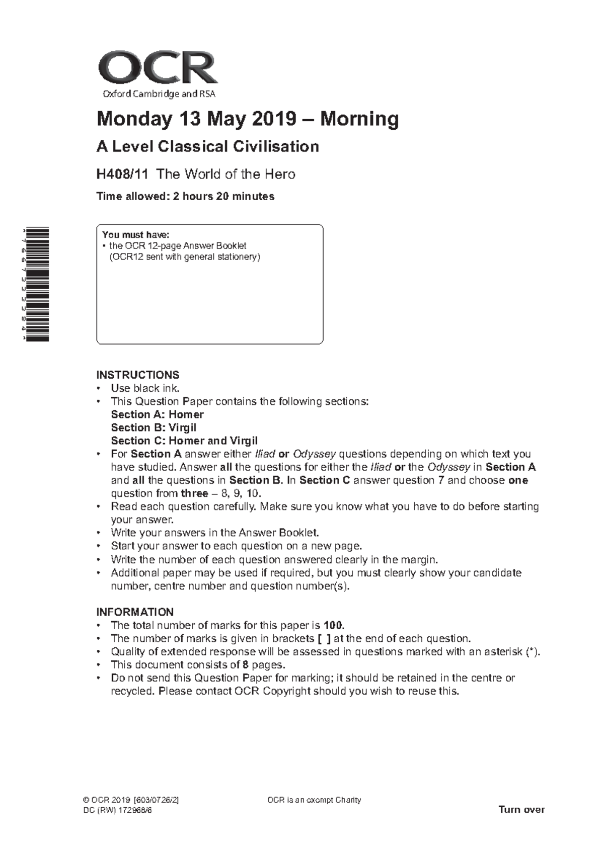 Classical civilisation past paper - 7 6 6 7 3 3 3 3 8 4 * Monday 13 May ...