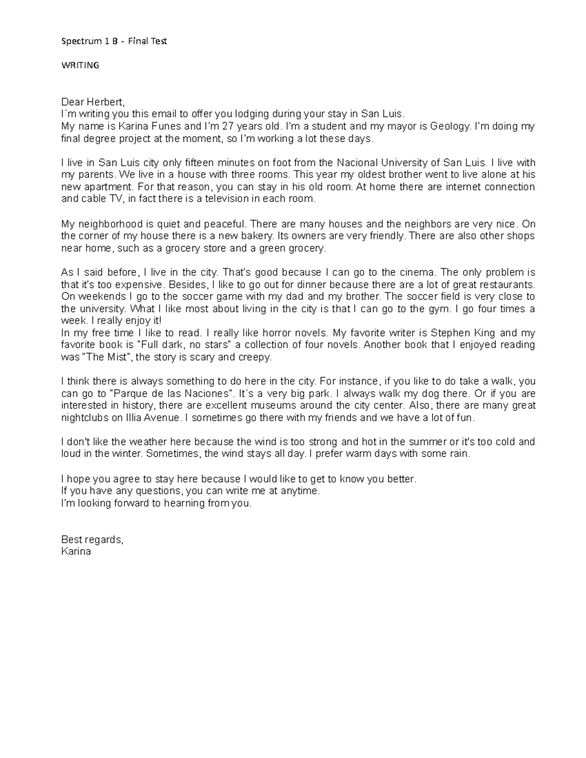 Letter 1B final test - Spectrum 1 B - Final Test WRITING Dear Herbert ...