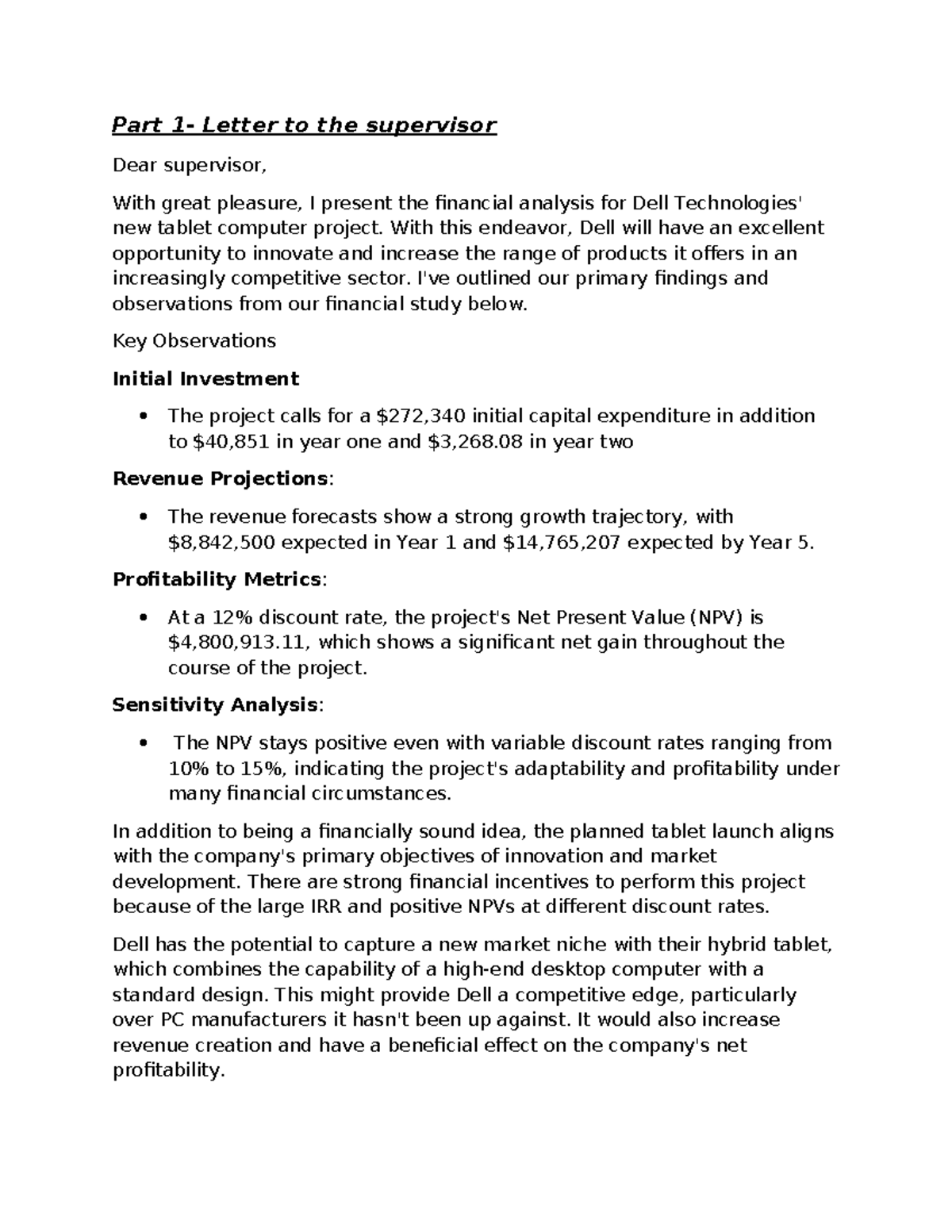 Dell analysis letters - Part 1- Letter to the supervisor Dear ...