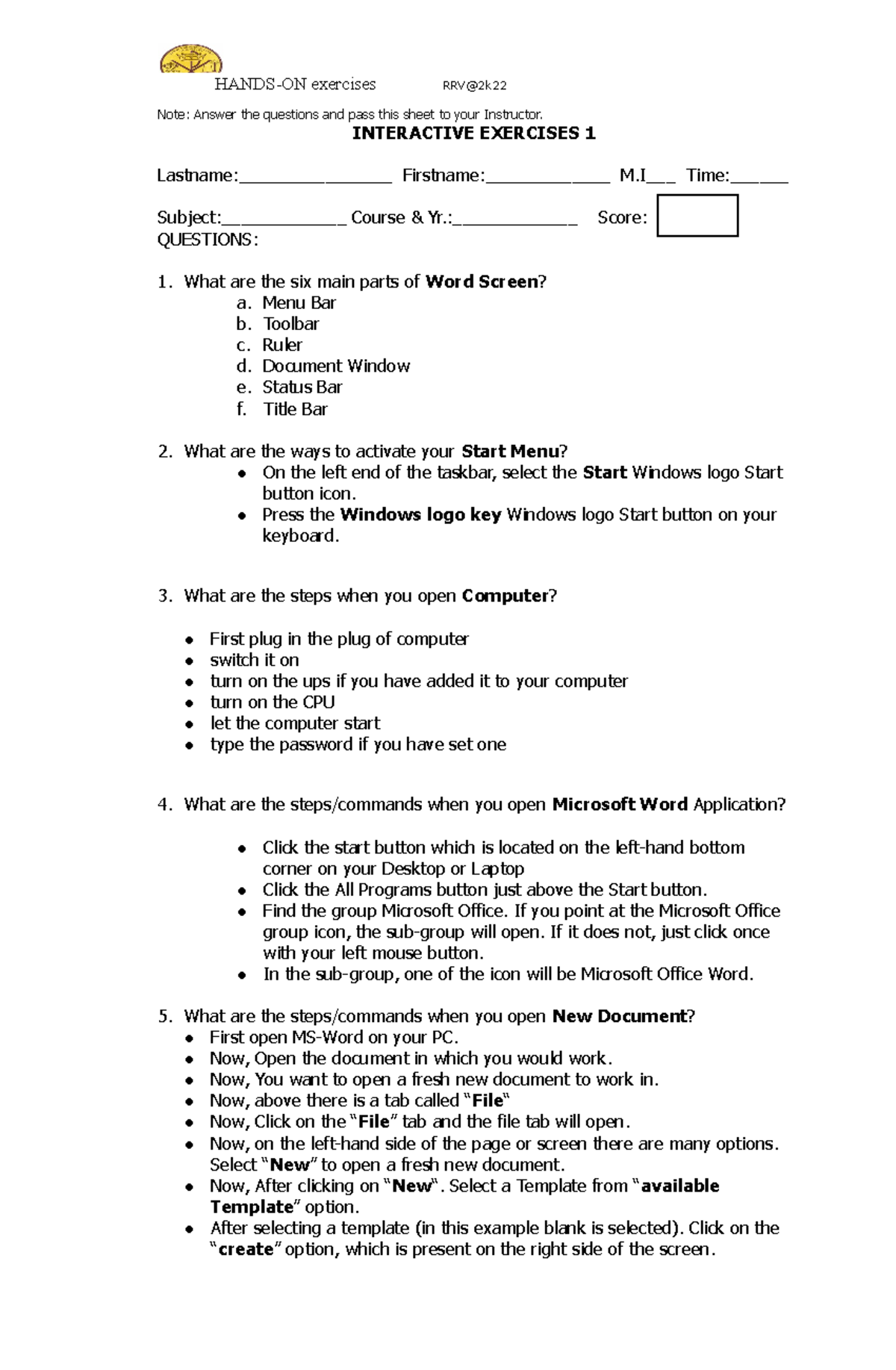 Interactive Exercises 1 3 new2022 - Note: Answer the questions and pass ...