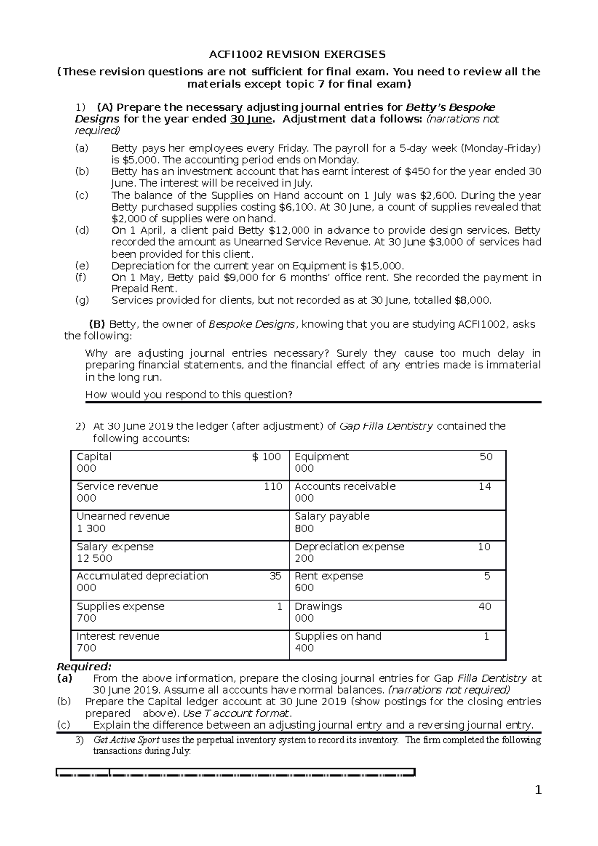Week 13 Sample Revision Questions - ACFI1002 REVISION EXERCISES (These ...