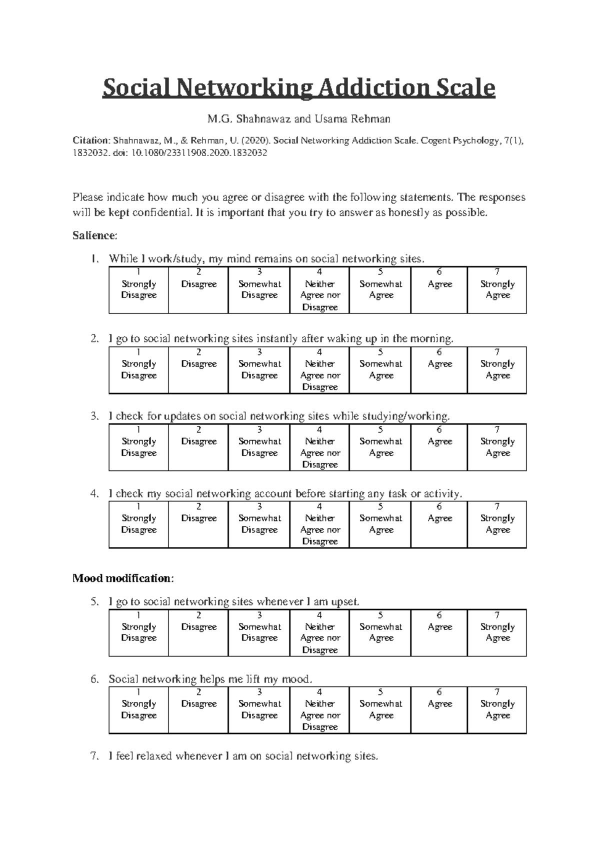 Snasscalescoring - Social Networking Addiction Scale M. Shahnawaz and ...