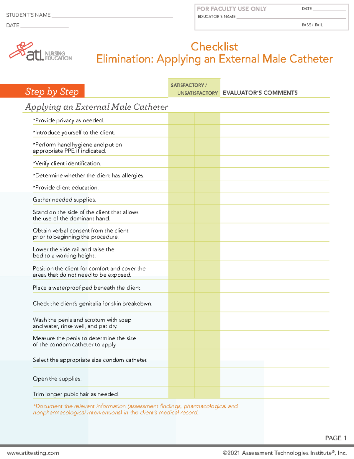 Ati Elimination Applying an External Male Catheter checklist ...