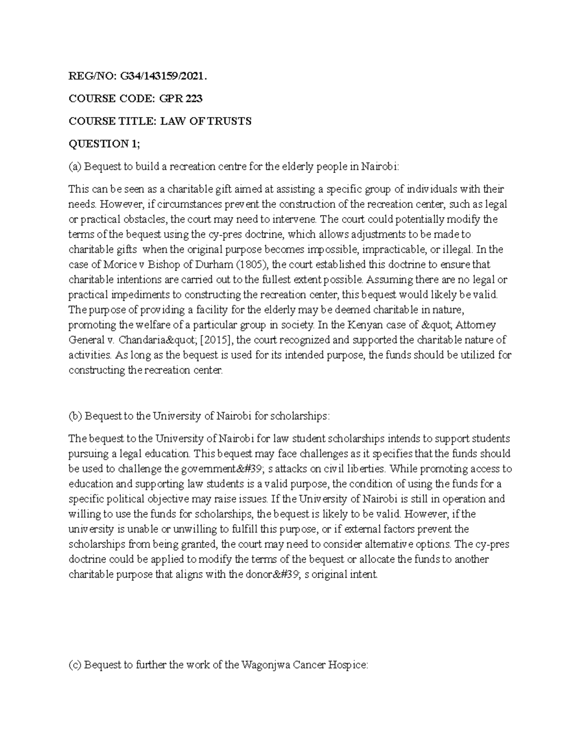 GPR 223 QS - REG/NO: G34/143159/2021. COURSE CODE: GPR 223 COURSE TITLE: LAW OF TRUSTS QUESTION ...