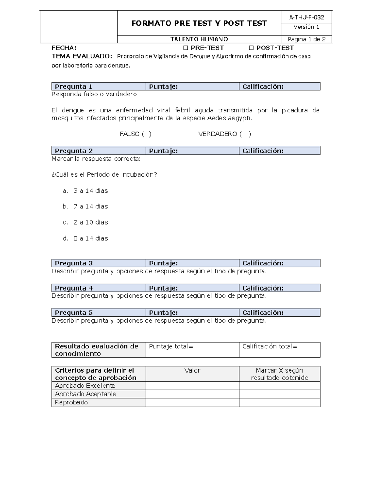 A-THU-F-032 Formato PRE TEST Y POST TEST - FECHA: ☐ PRE-TEST ☐ POST ...