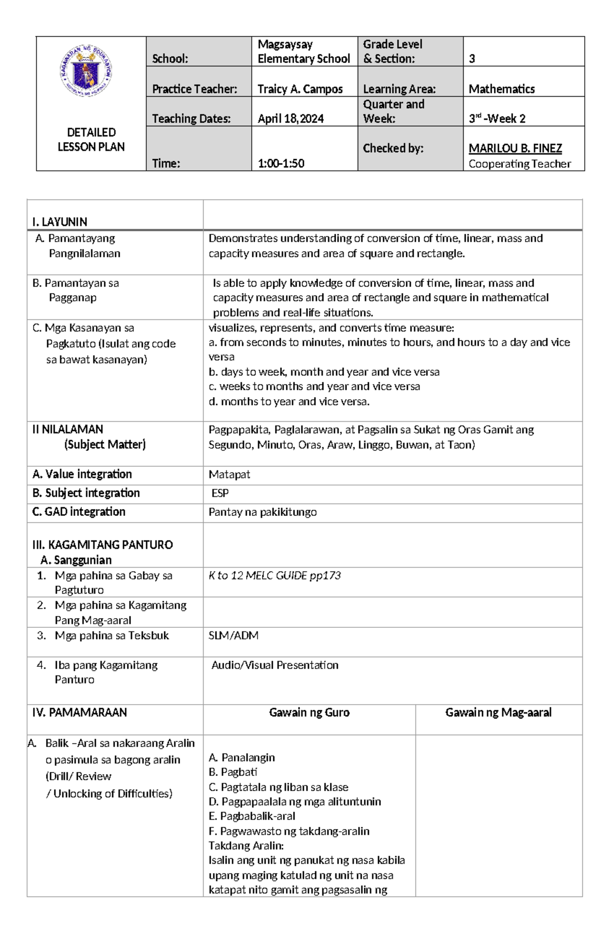 Math-w3-d2 DLLL - DETAILED LESSON PLAN School: Magsaysay Elementary ...
