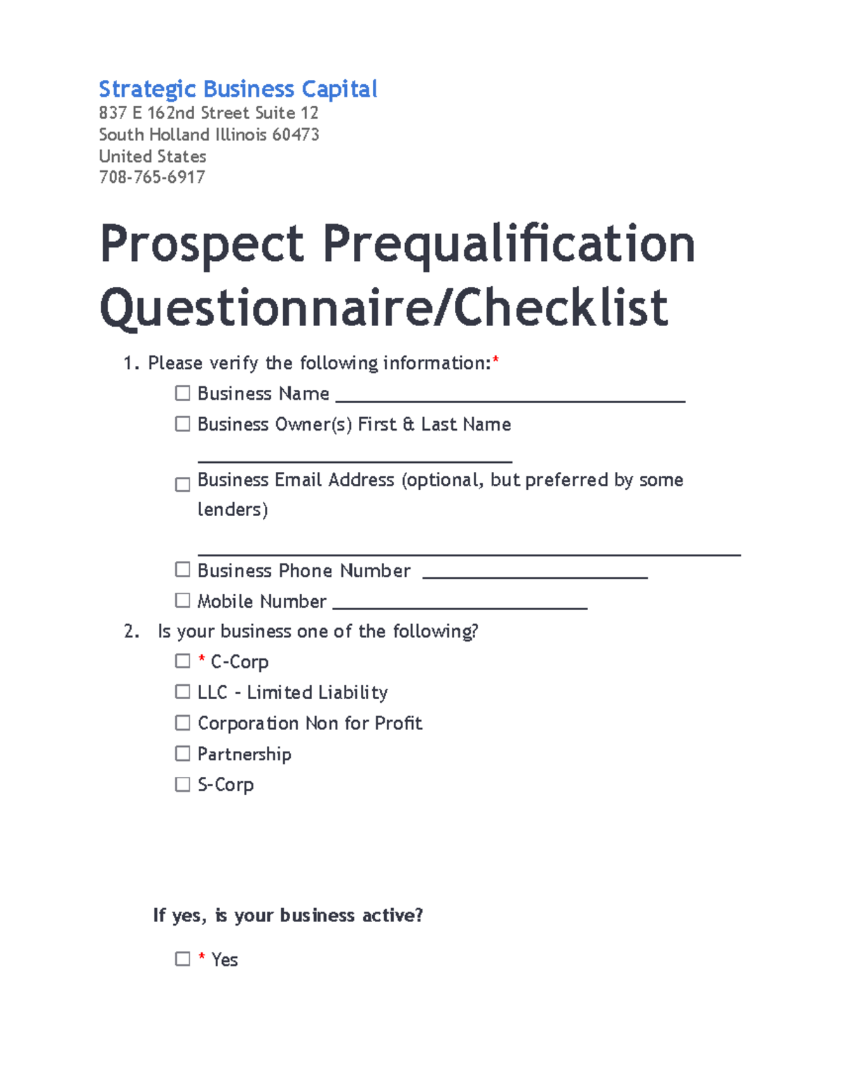 Revise Prospect Prequalification Questionnaire Checklist - Strategic ...