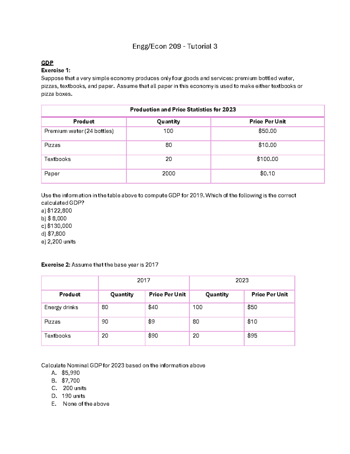 Tutorial 3 Questions - Engg/Econ 209 - Tutorial 3 GDP Exercise 1: Suppose that a very simple ...