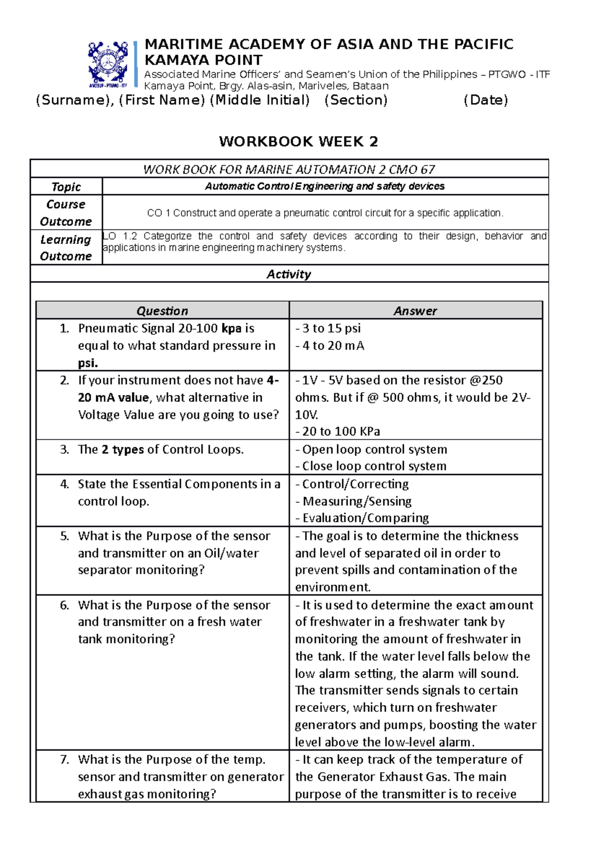 AUTO 2 CMO 67 Workbook Activity 2 - MARITIME ACADEMY OF ASIA AND THE PACIFIC KAMAYA POINT ...