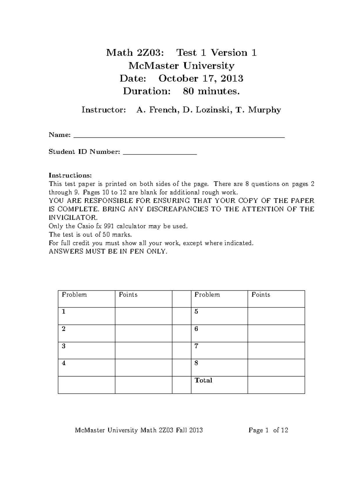 Test 1 9 2013, questions - Math 2Z03: Test 1 Version 1 McMaster ...