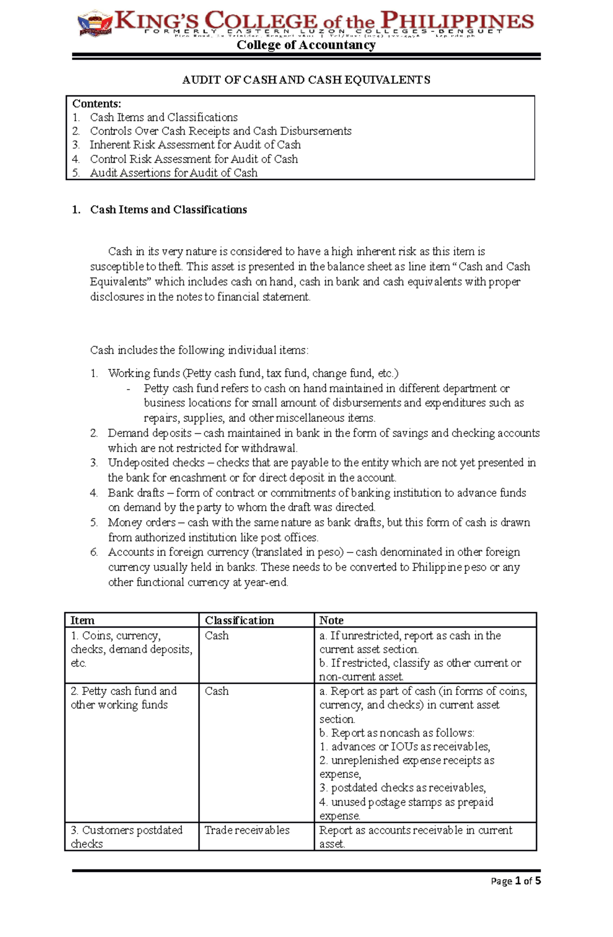 Pr E 2 Lesson 2a Audit of Cash and Cash Equivalents - AUDIT OF CASH AND ...