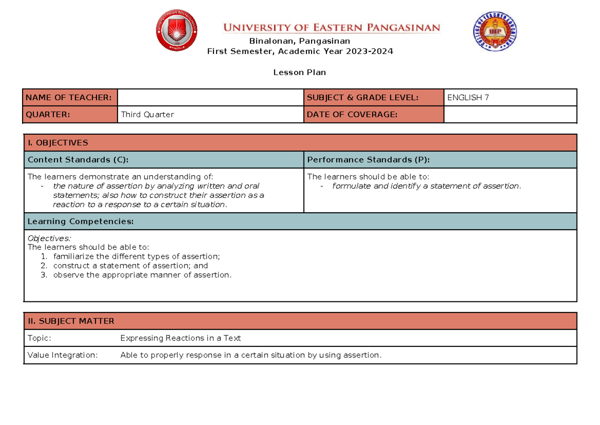 Lesson PLAN MOD6 - First Semester, Academic Year 2023- Lesson Plan NAME ...