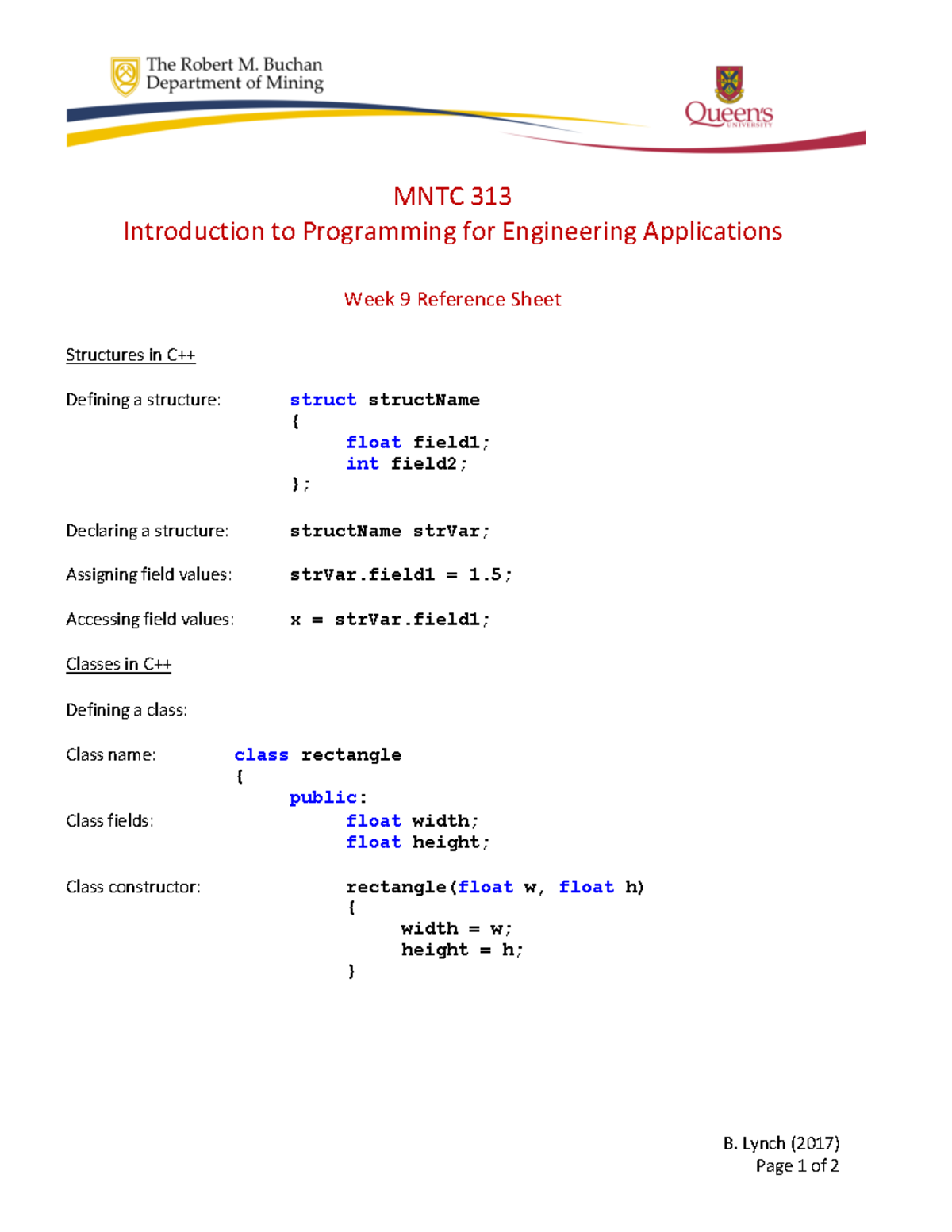 MNTC 313 - Week 9 - Reference Sheet - B. Lynch (2017) Page 1 of 2 MNTC ...