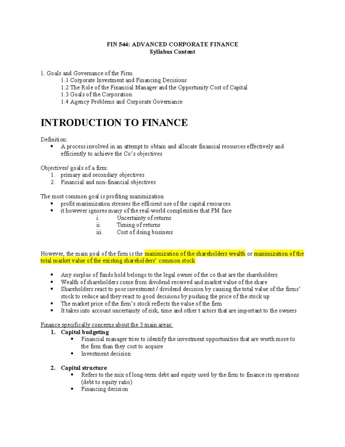 Syllabus FIN 544 - ####### FIN 544: ADVANCED CORPORATE FINANCE ...