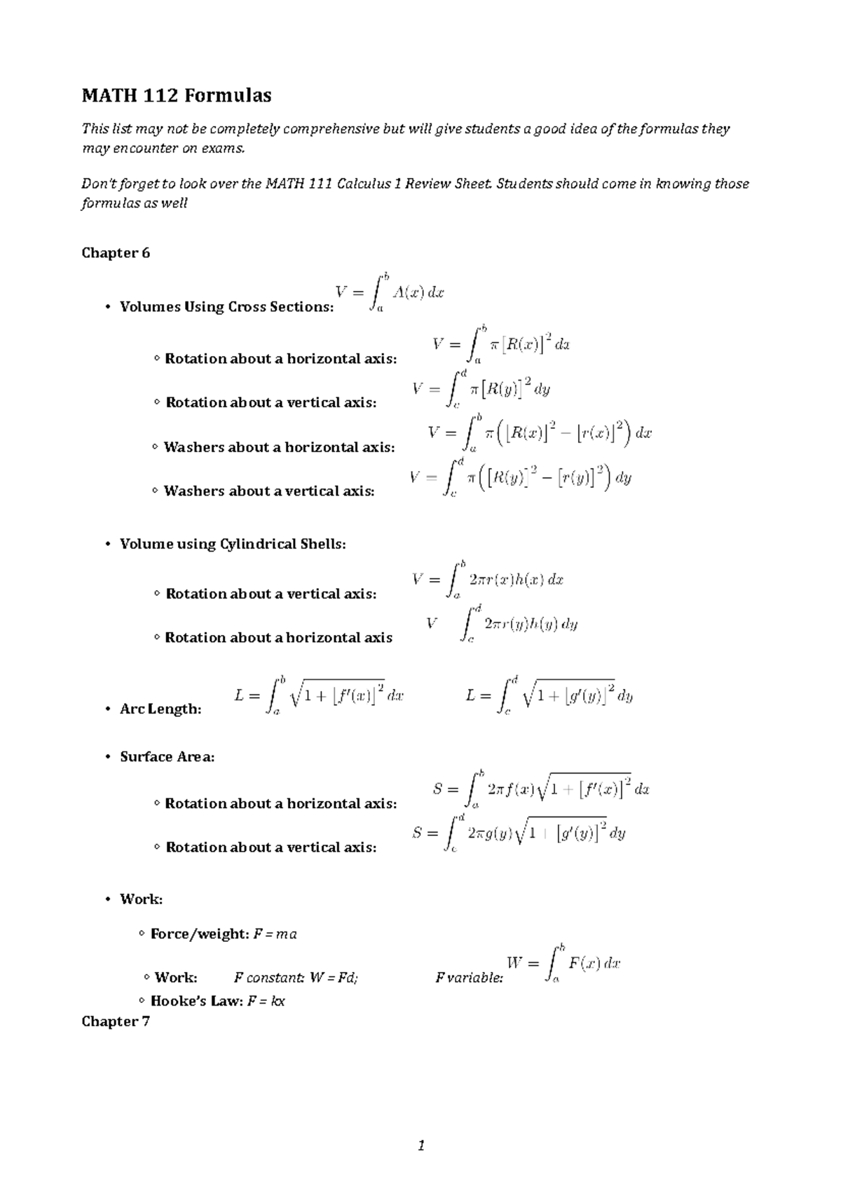 Formulas - calculus2. - MATH 112 Formulas This list may not be ...