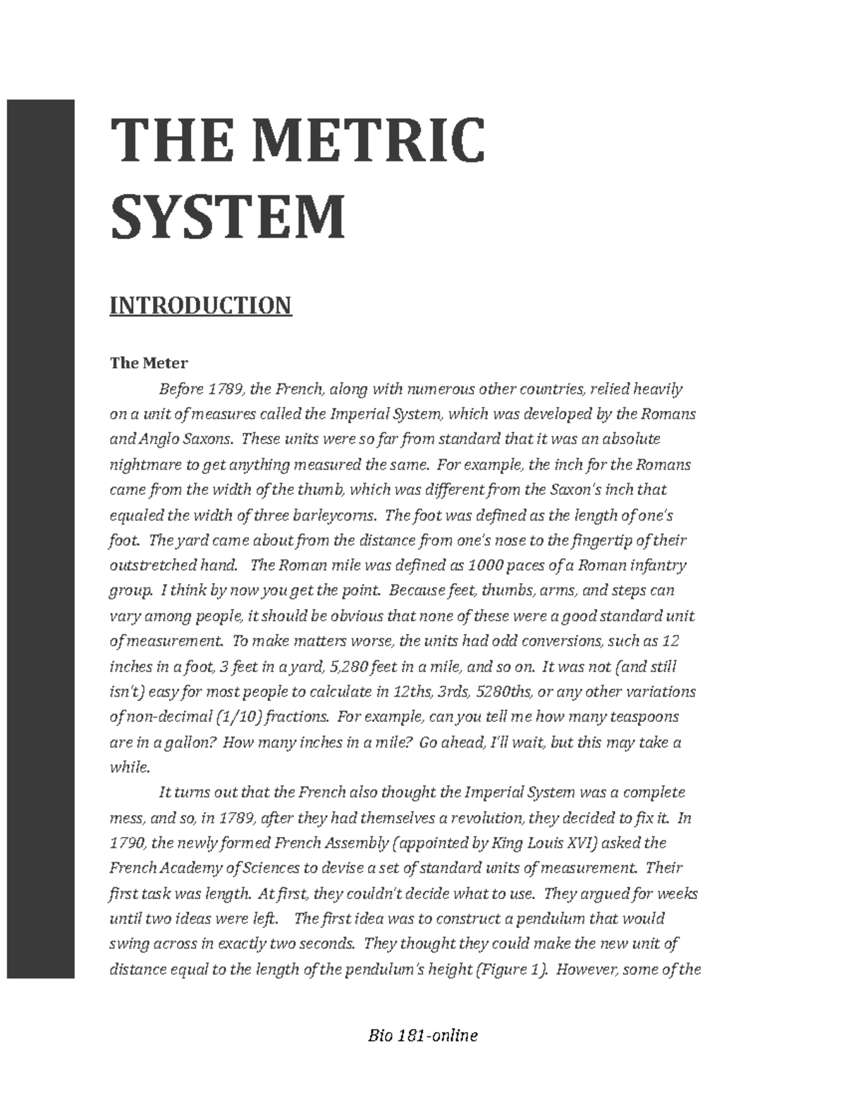 Metric lab - lab - THE METRIC SYSTEM INTRODUCTION The Meter Before 1789 ...