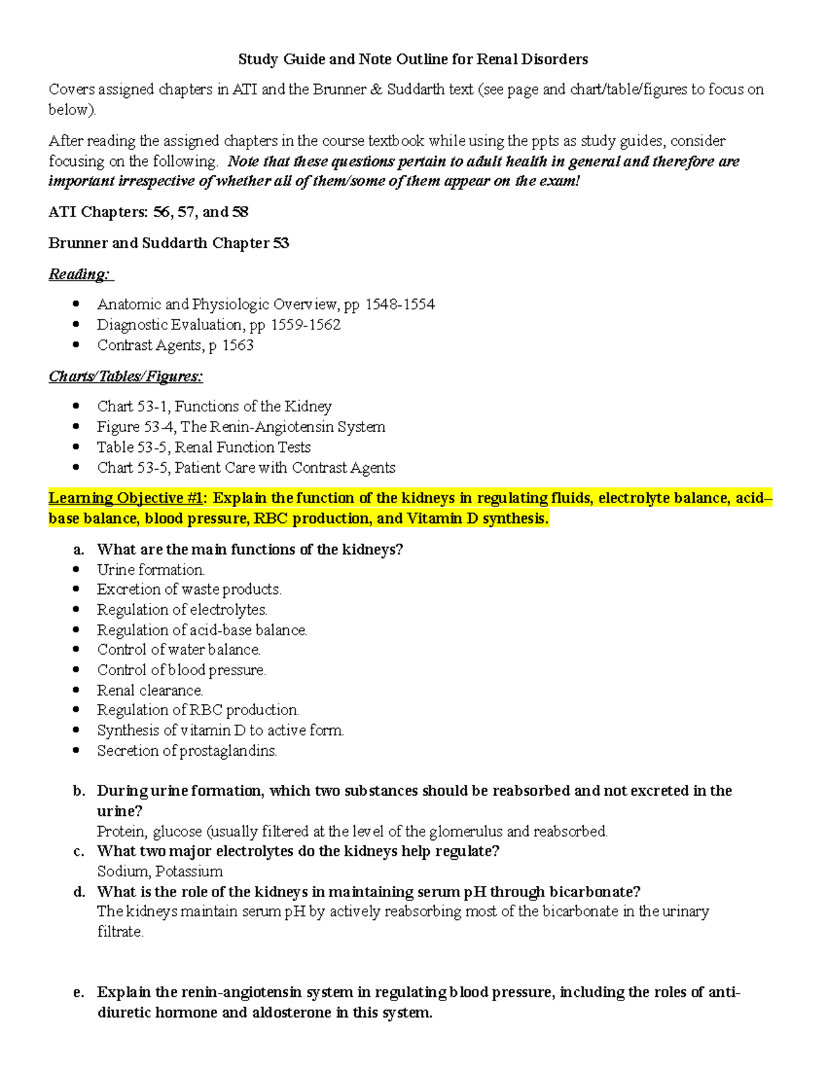 Study Guide and Note Outline for Renal Disorders (Auto Recovered ...