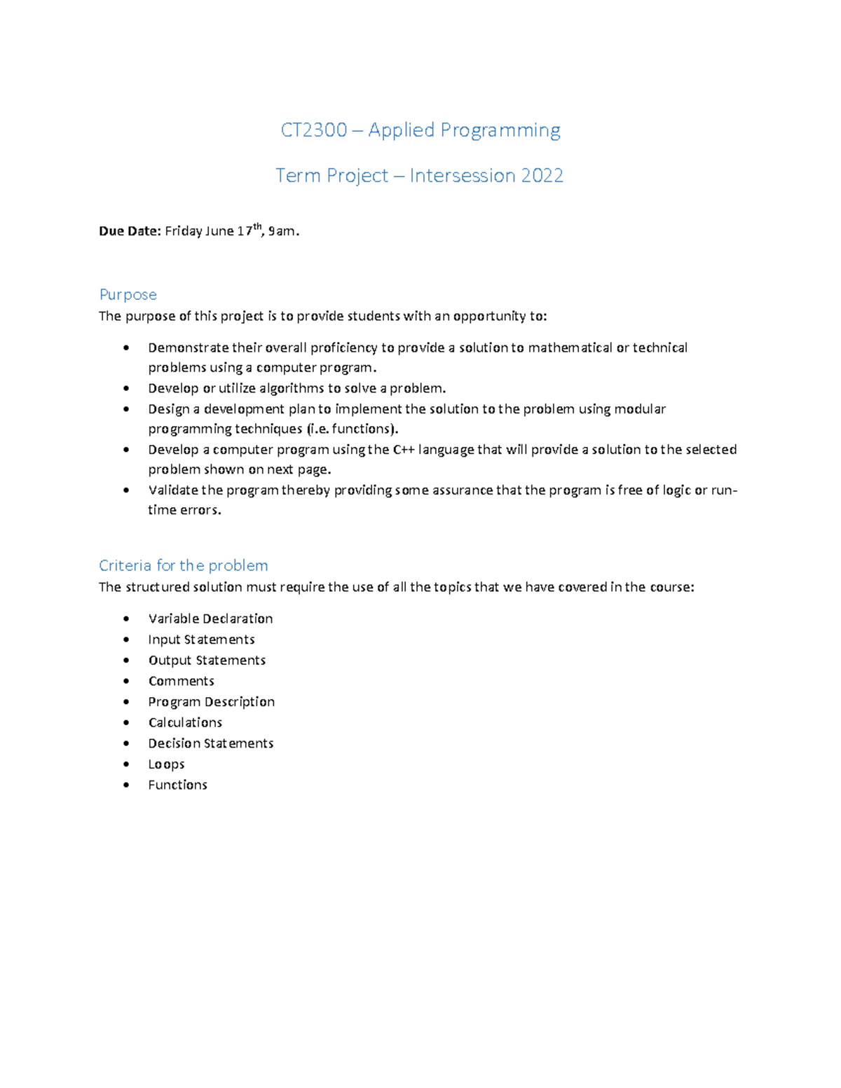 CT2300 - Term Project 1 - CT2300 – Applied Programming Term Project ...