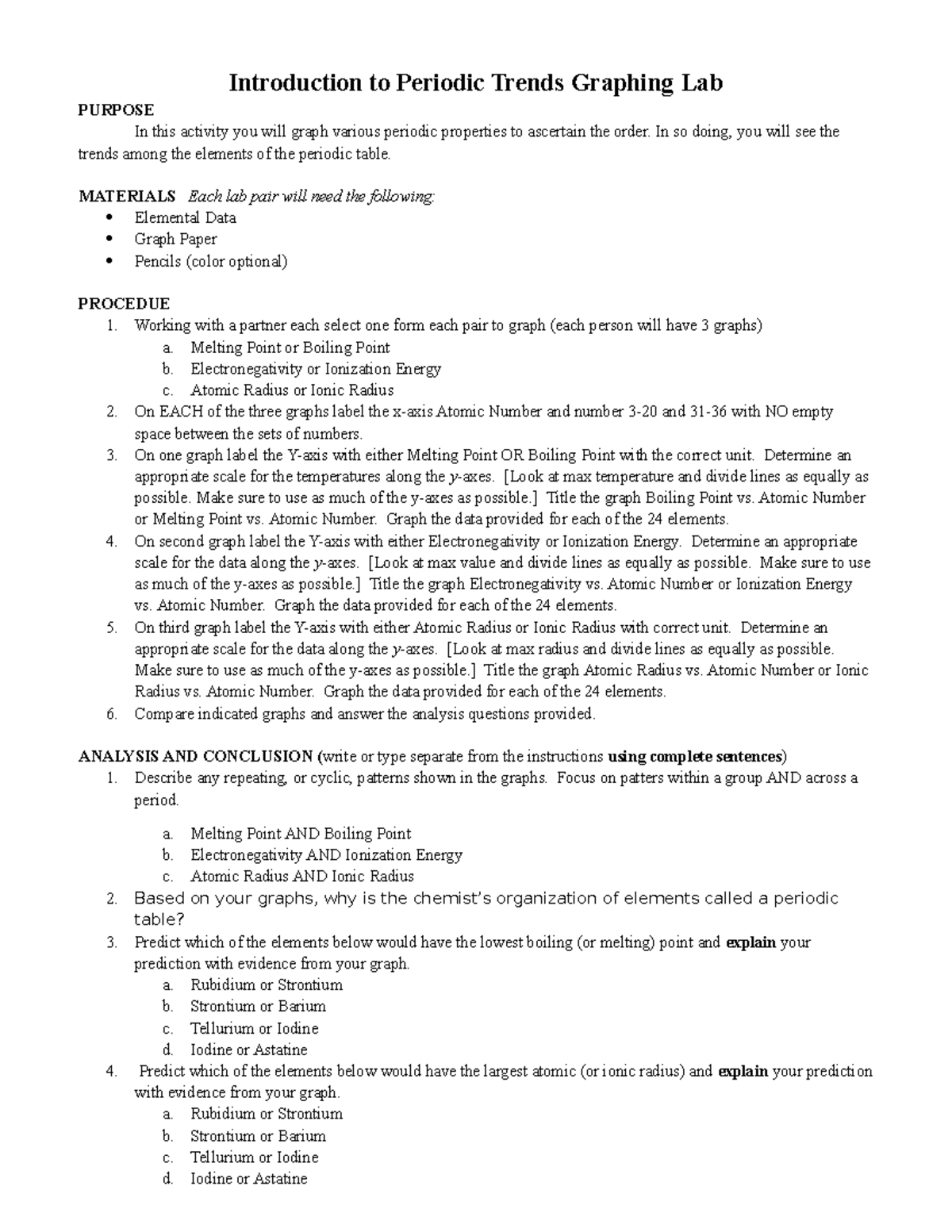 Introduction to Periodic Trends Graphing Lab - Introduction to Periodic ...
