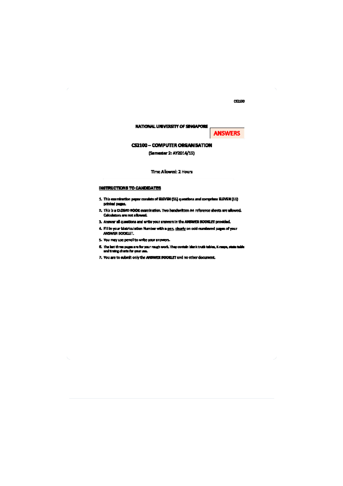 CS2100 Finals 1415s2 Solutions - CS2100 NATIONAL UNIVERSITY OF ...