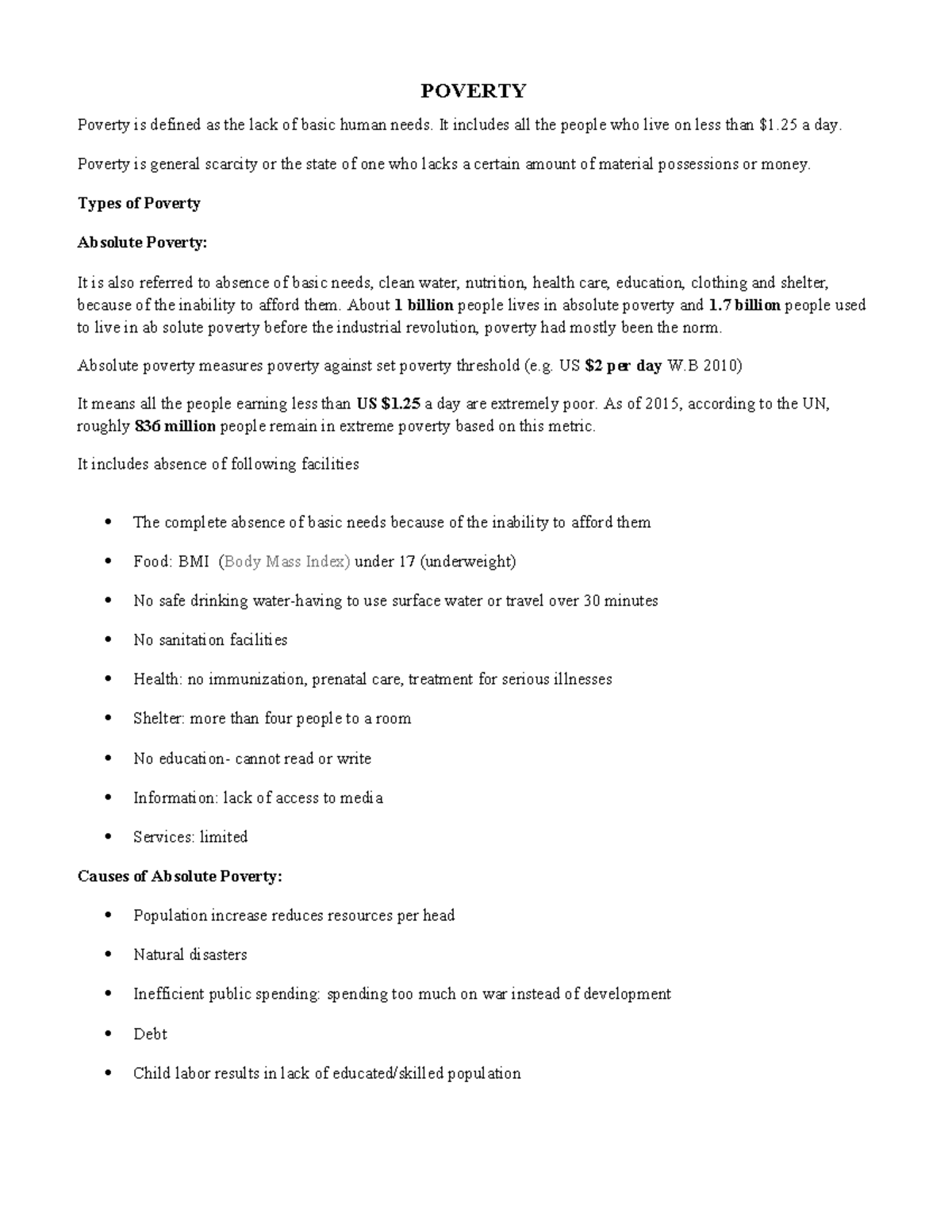 Chp 33 Poverty - Class notes For A levels - POVERTY Poverty is defined ...