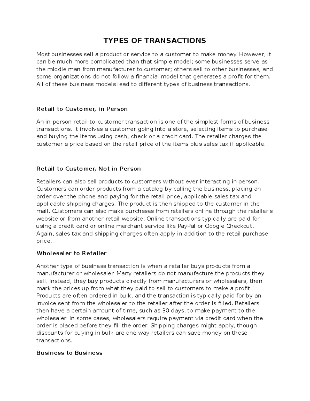 Most businesses report - TYPES OF TRANSACTIONS Most businesses sell a ...