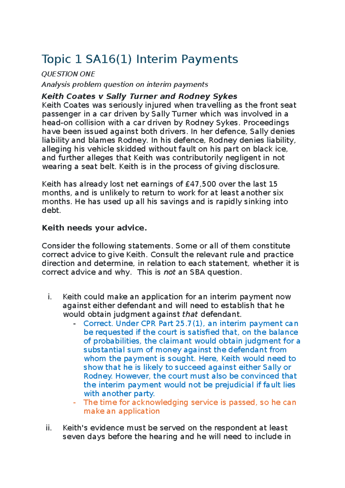 TT5 Preparation of Class - Topic 1 SA16(1) Interim Payments QUESTION ONE Analysis problem ...