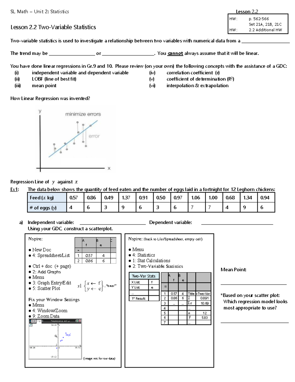 2.2 Two-Variable Stats (SL condensed) - Lesson 2 Two-Variable ...