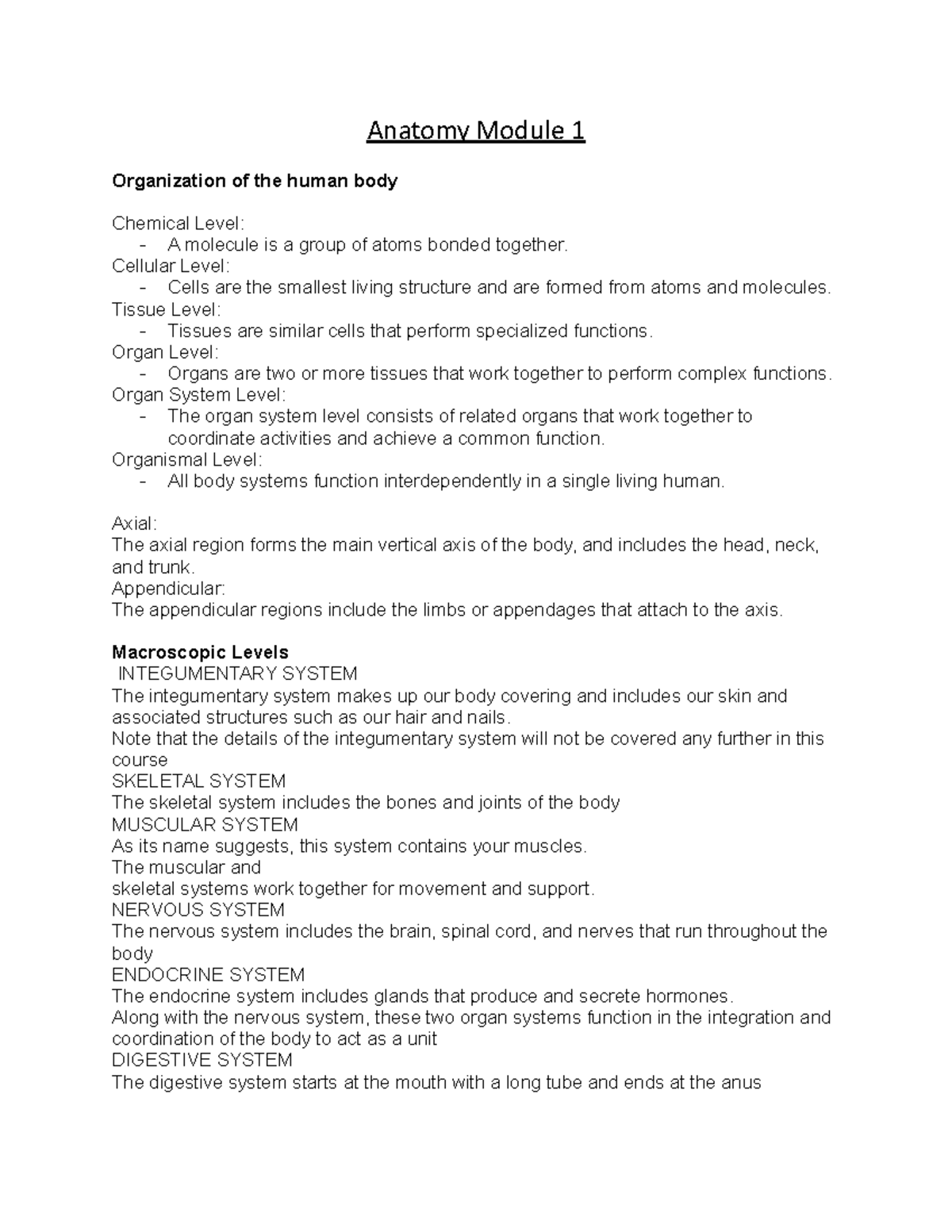 Anatomy Module 1 - Lecture notes 1 - Anatomy Module 1 Organization of ...