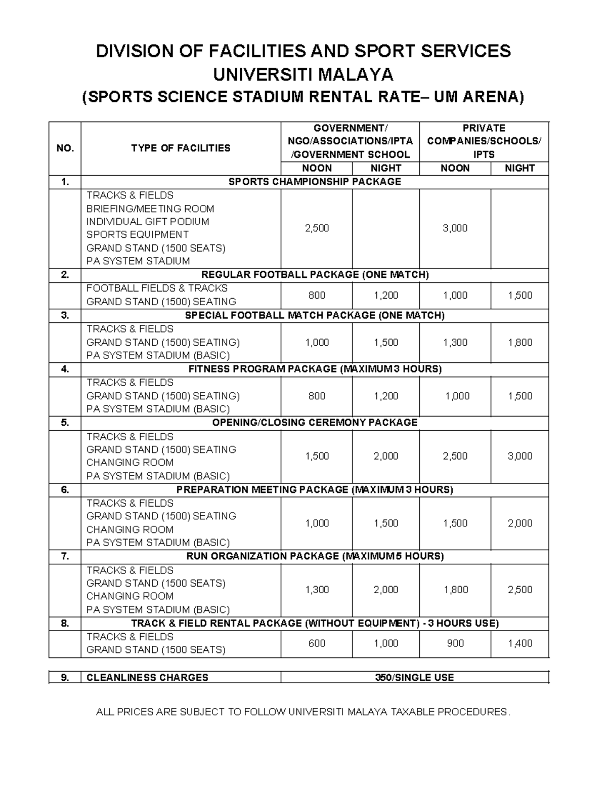 Sports Science Stadium Rental RATE-UM Arena - DIVISION OF FACILITIES ...