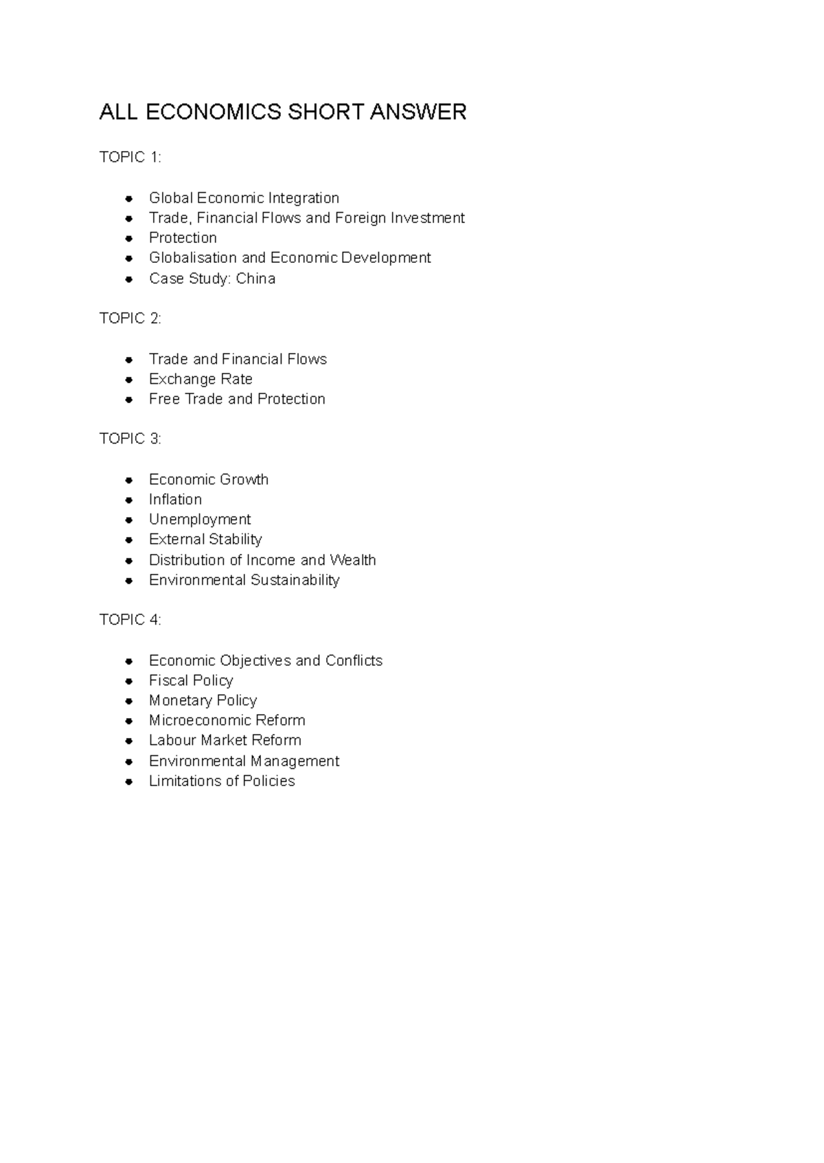Short Answer FULL QUESTION BANK - ALL ECONOMICS SHORT ANSWER TOPIC 1 ...