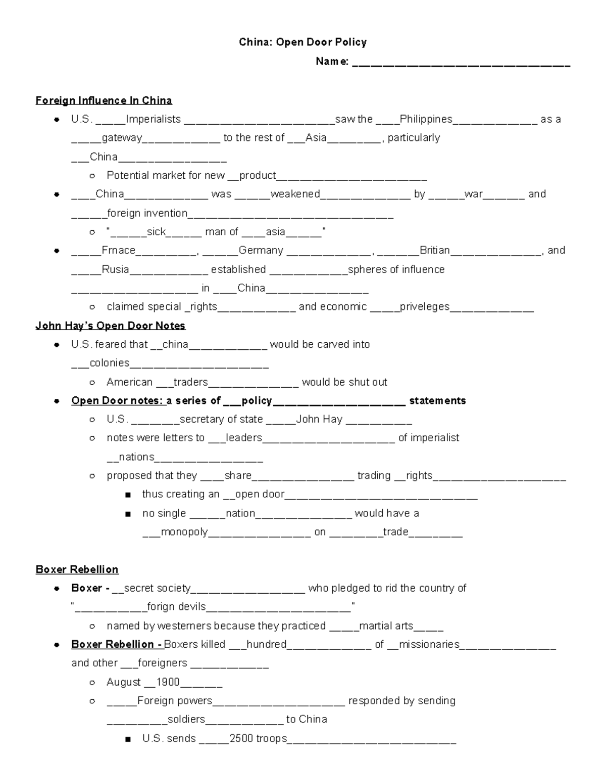 Carli Thome - China Open Door Policy Guided Notes - China: Open Door ...