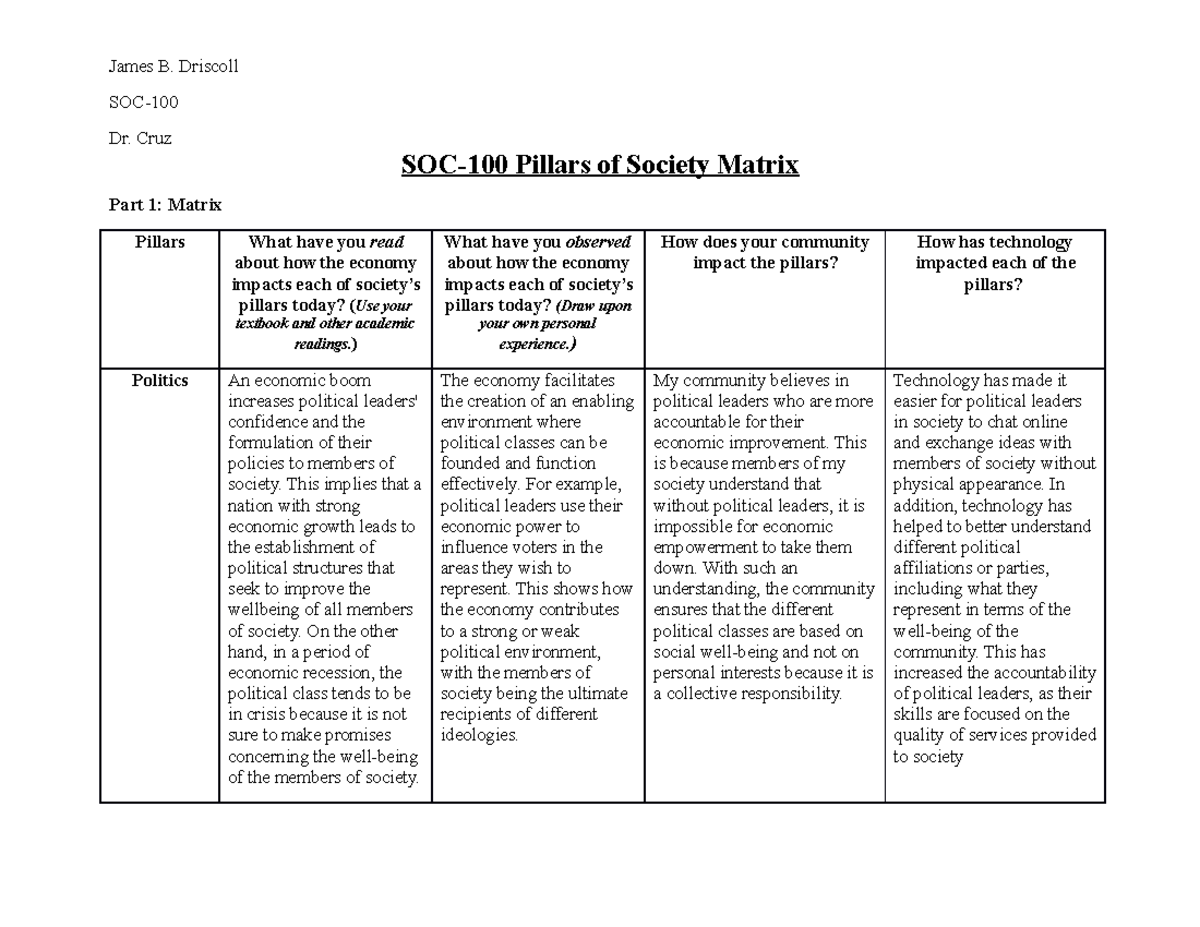 1-Pillarsof Society Matrix - James B. Driscoll Dr. Cruz Pillars of ...